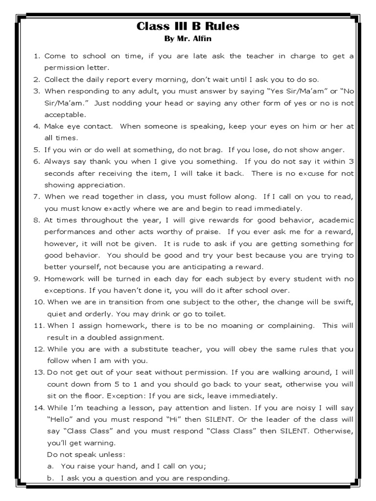 Class III B Rules: by Mr. Alfin | PDF | Wellness | Lifestyle
