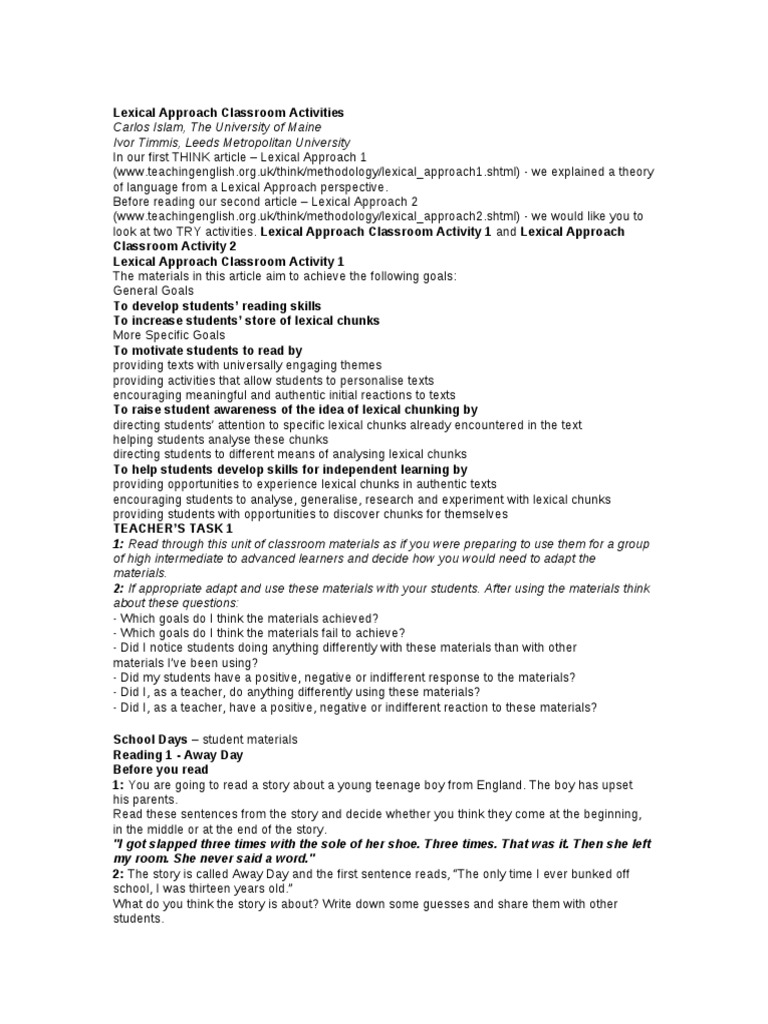 Lexical Approach Classroom Activities | PDF | Classroom | Noun