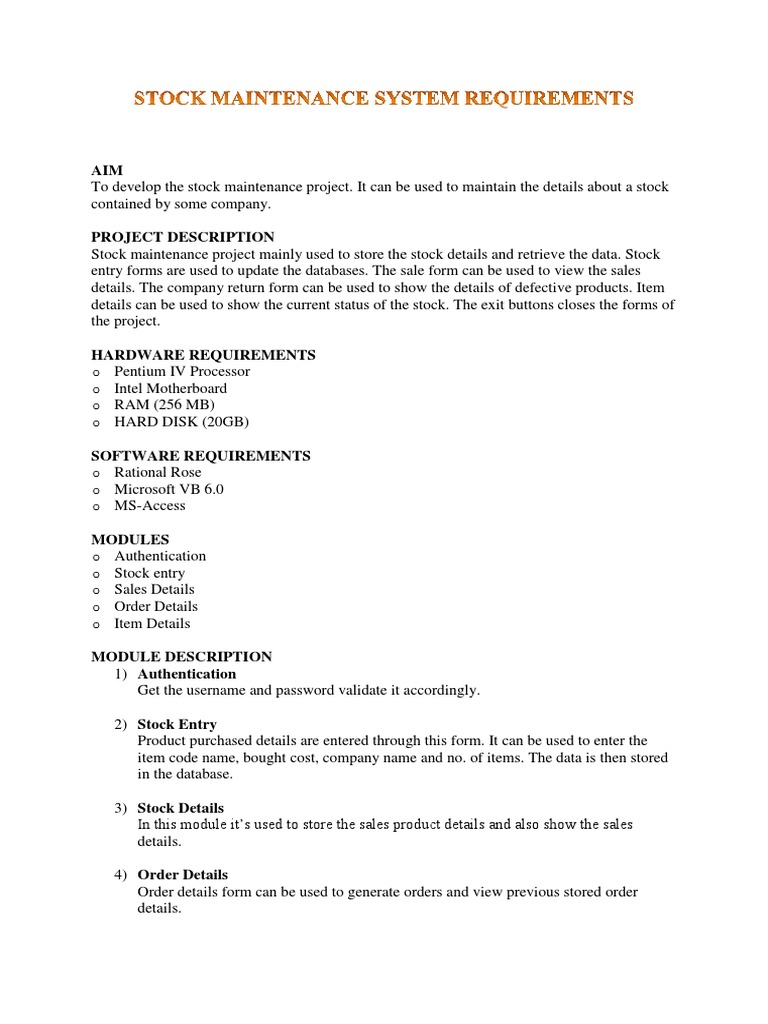 Stock Maintenance System Requirements | PDF | User (Computing) | Databases