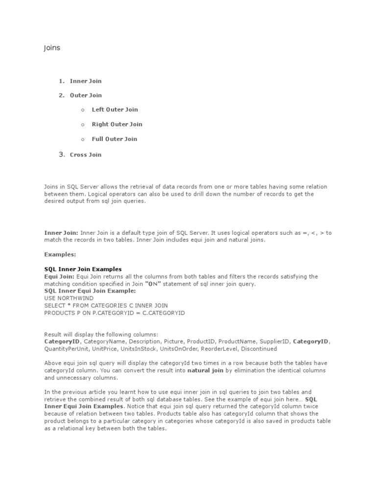 Sql Joins Query Pdf Table Database Data