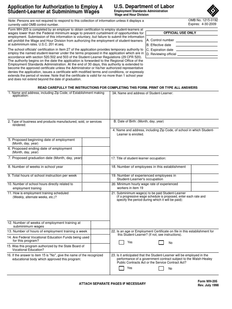 Student-Learner Subminimum Wage Application | PDF | Employment ...