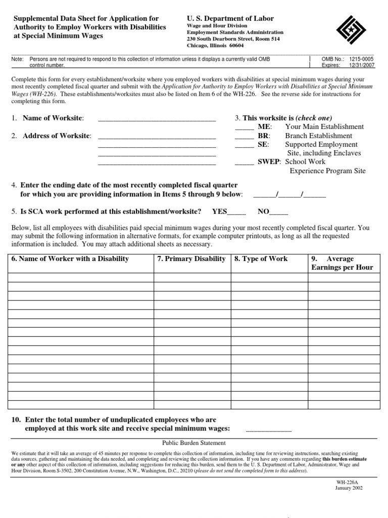 WH-226A: Special Minimum Wage Form | PDF | Minimum Wage | Employment