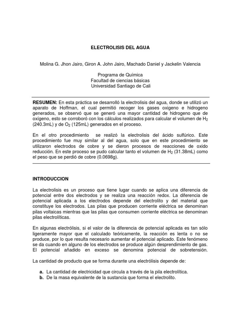 Electrolisis Del Agua | PDF | Redox | Electrodo