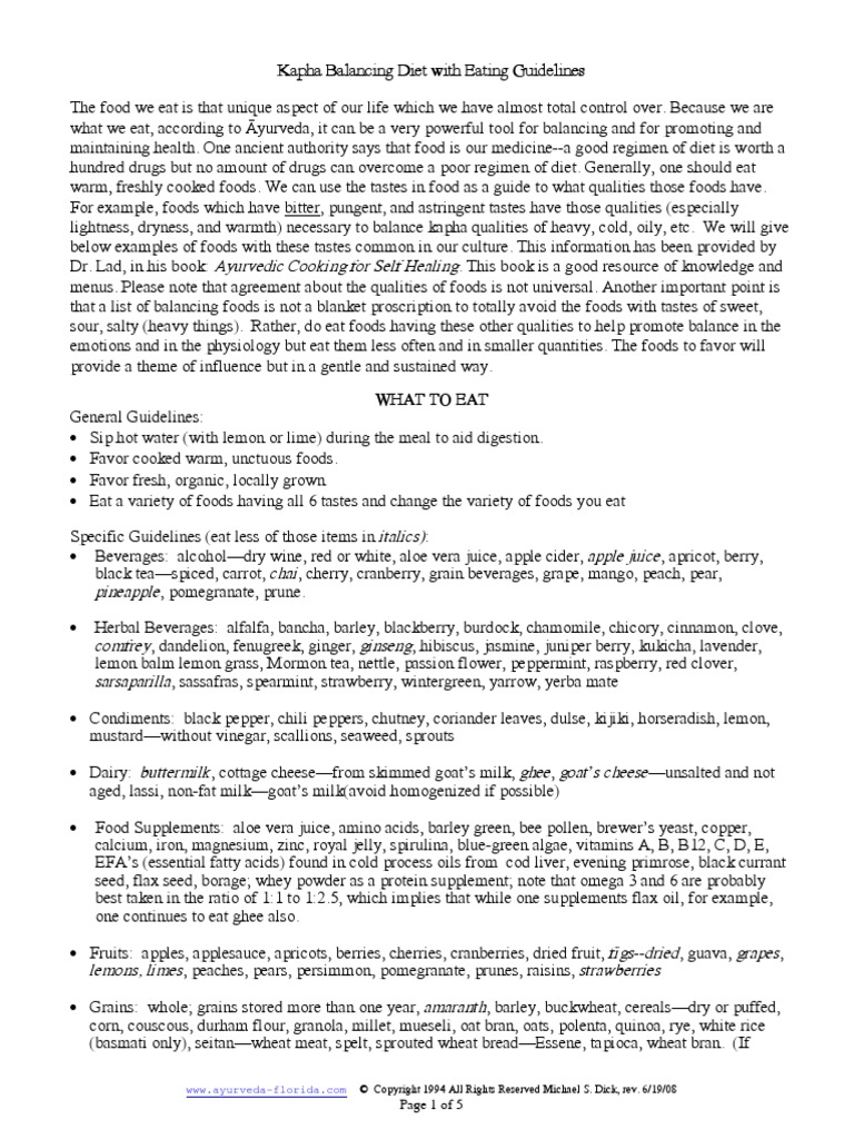 Kapha Diet With Guidelines | PDF | Taste | Yogurt