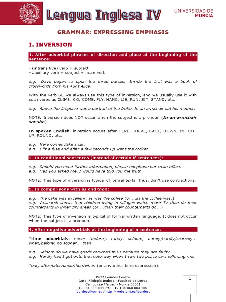 I. Inversion: Grammar: Expressing Emphasis | PDF | Subject (Grammar) | Verb
