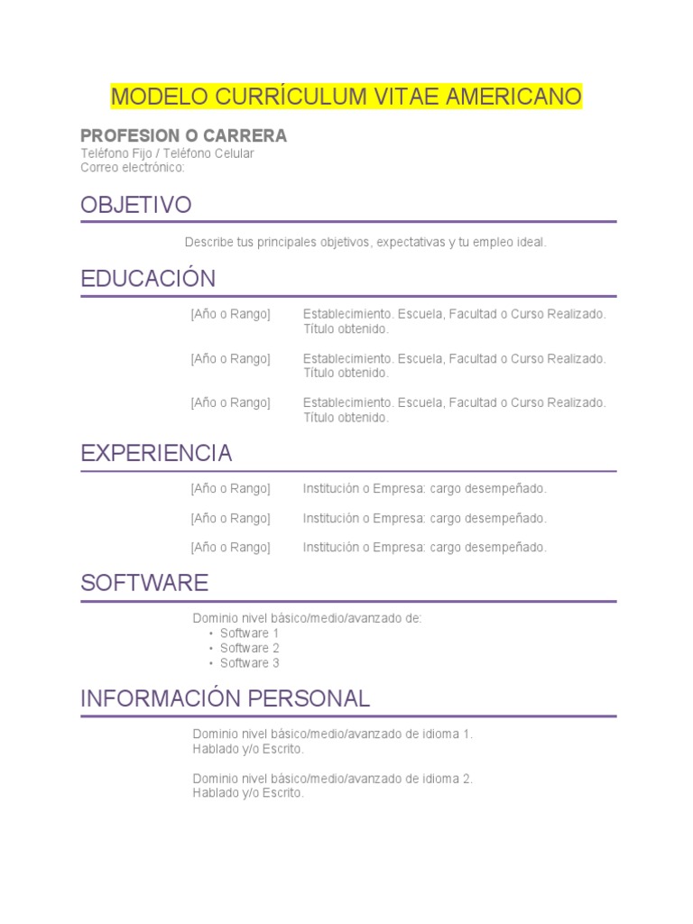 Modelo de Currículum Vitae Americano | PDF | Crecimiento personal y ...