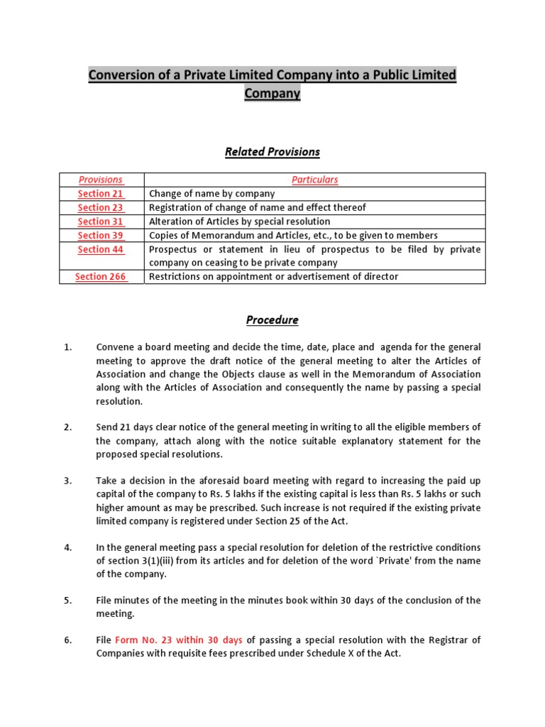 Conversion of A Private Limited Company Into A Public Limited Company ...