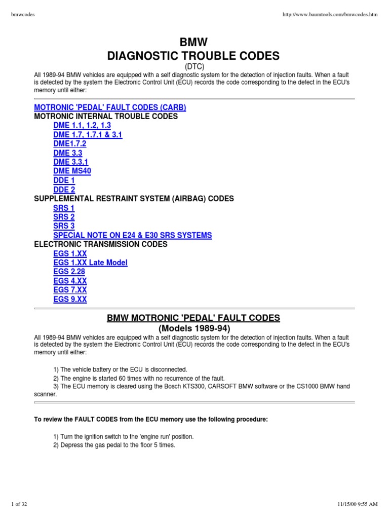 BMW ERROR CODES Airbag Automatic Transmission