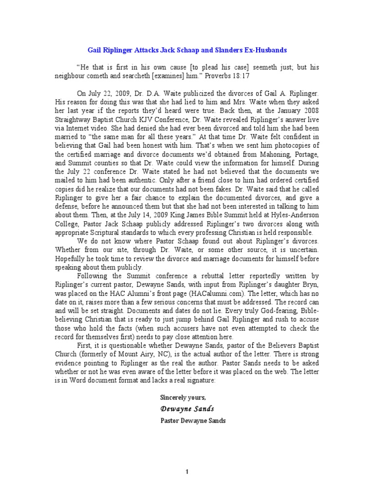 Gail Riplinger Defends Herself by Slandering Her Ex Husbands | PDF ...