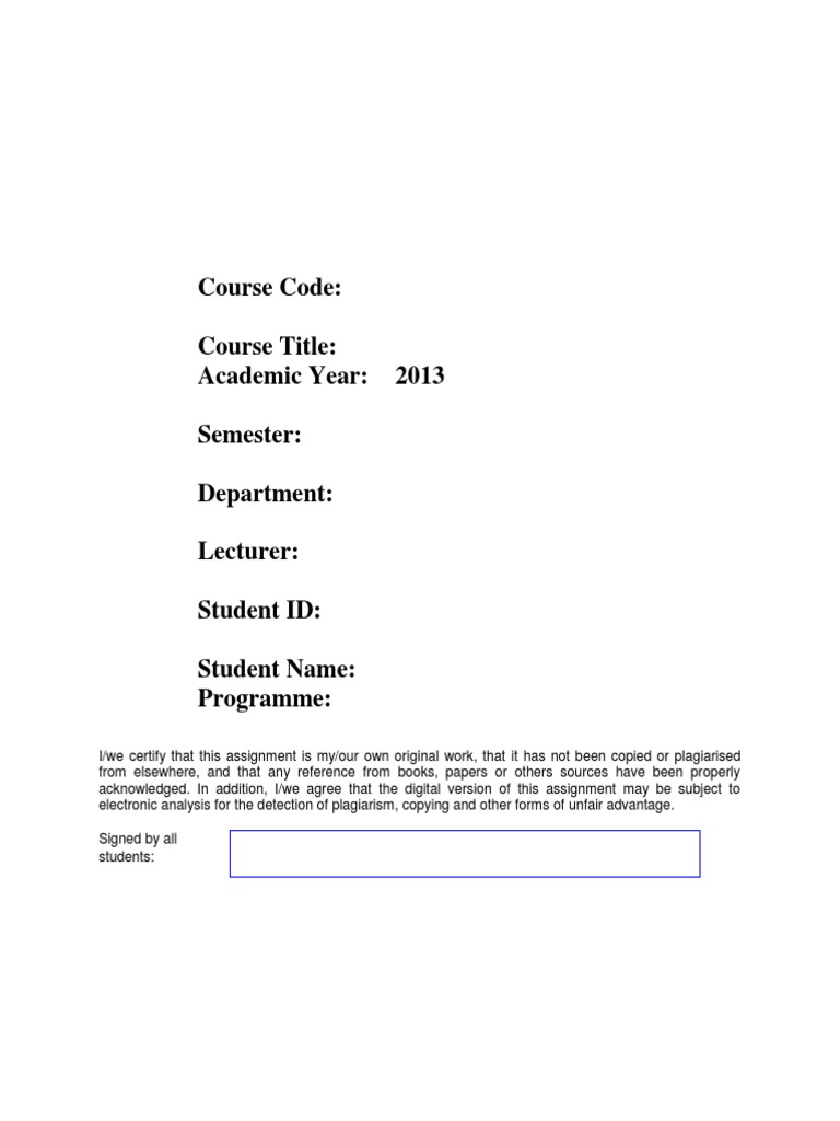 Course Code: Course Title: Academic Year: 2013 Semester: Department ...