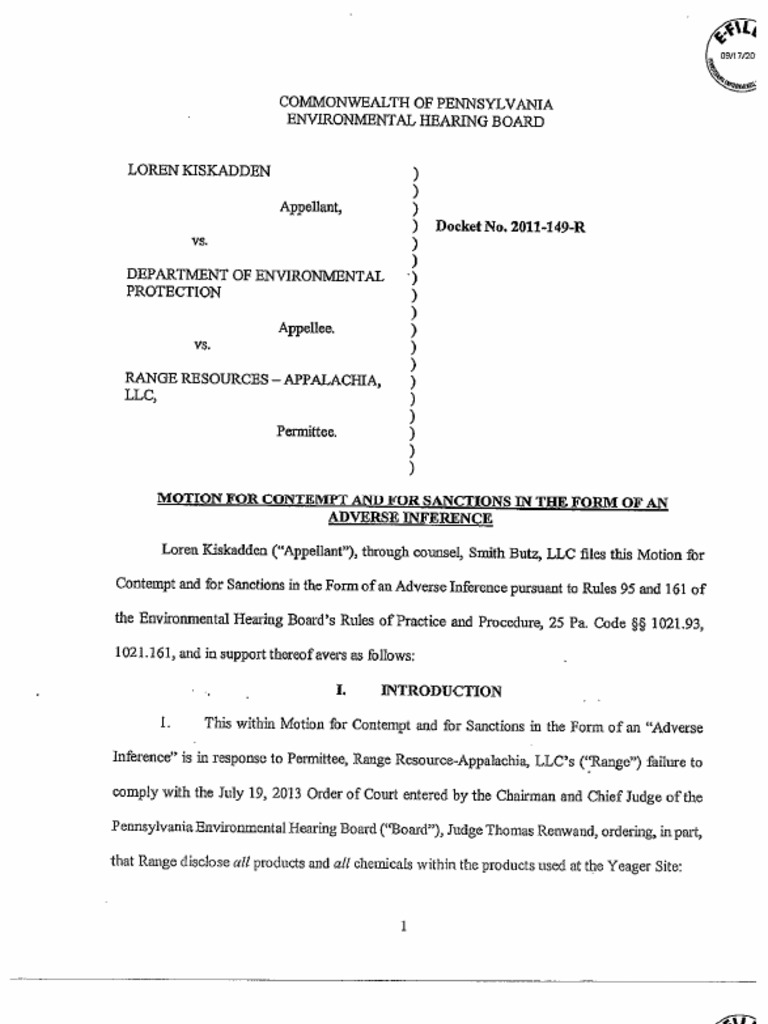 Motion For Adverse Inference W/ Exhibits (Kiskadden v. PA DEP and Range ...