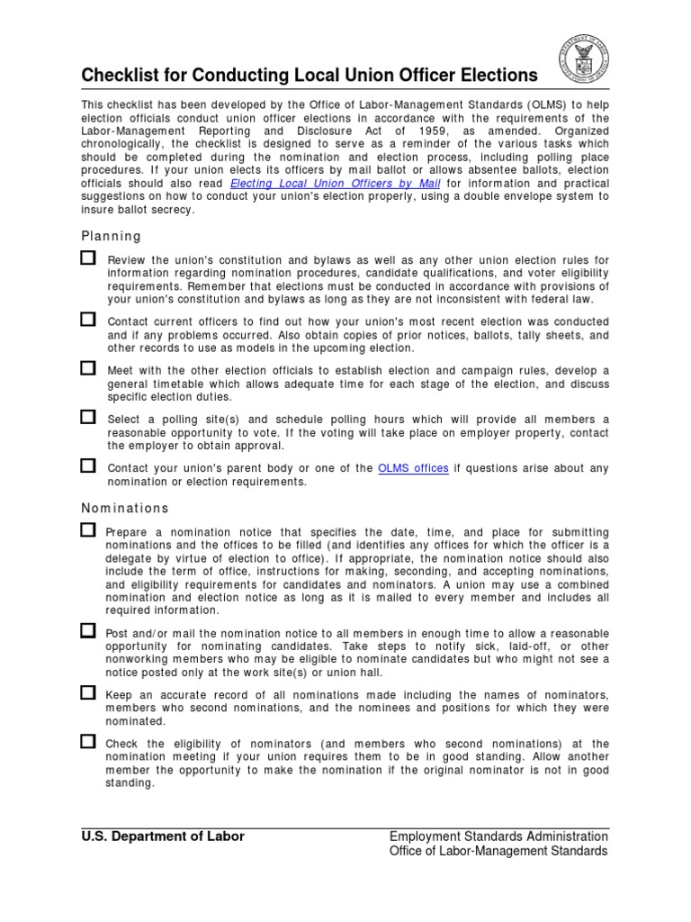 Local Union Officer Election Checklist | PDF | Voting | Polling Place