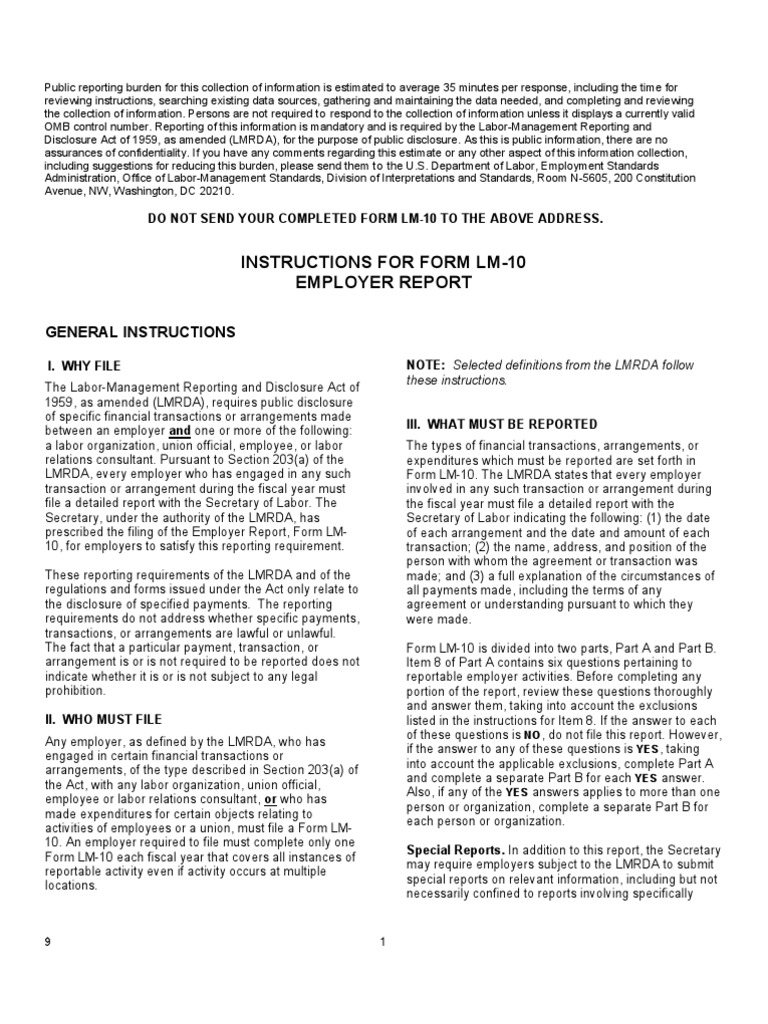 LM-10 Employer Reporting Instructions | PDF | Employment | Trade Union