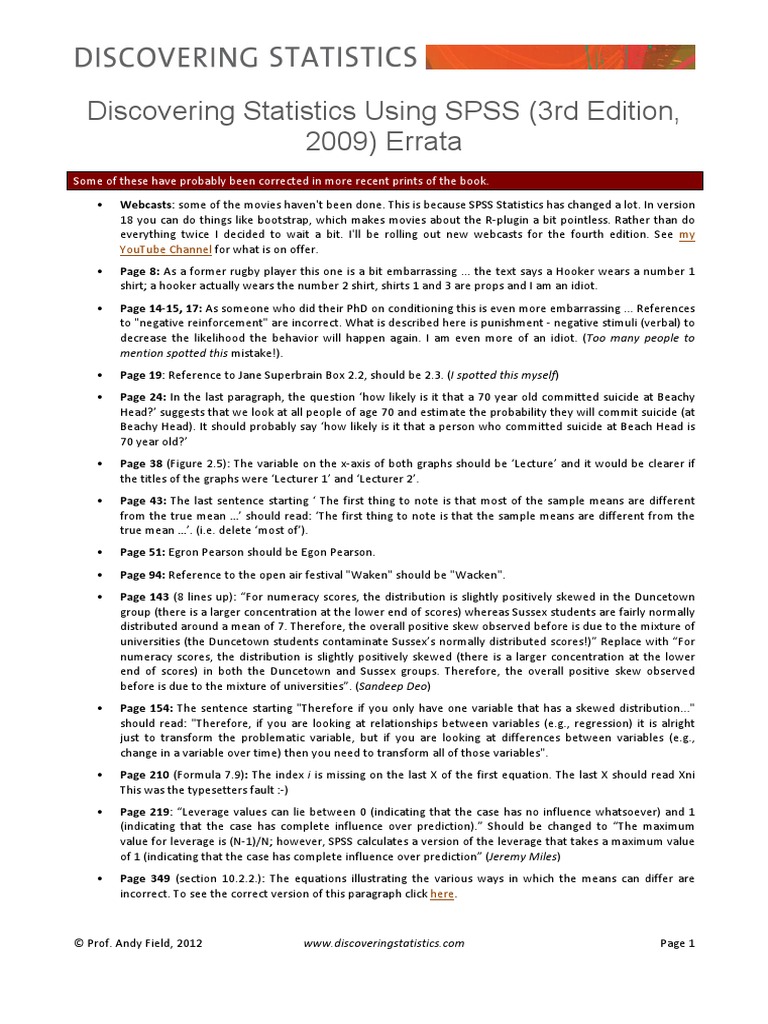 Discovering Statistics Using SPSS (3rd Edition, 2009) Errata | PDF | Statistics | Teaching ...
