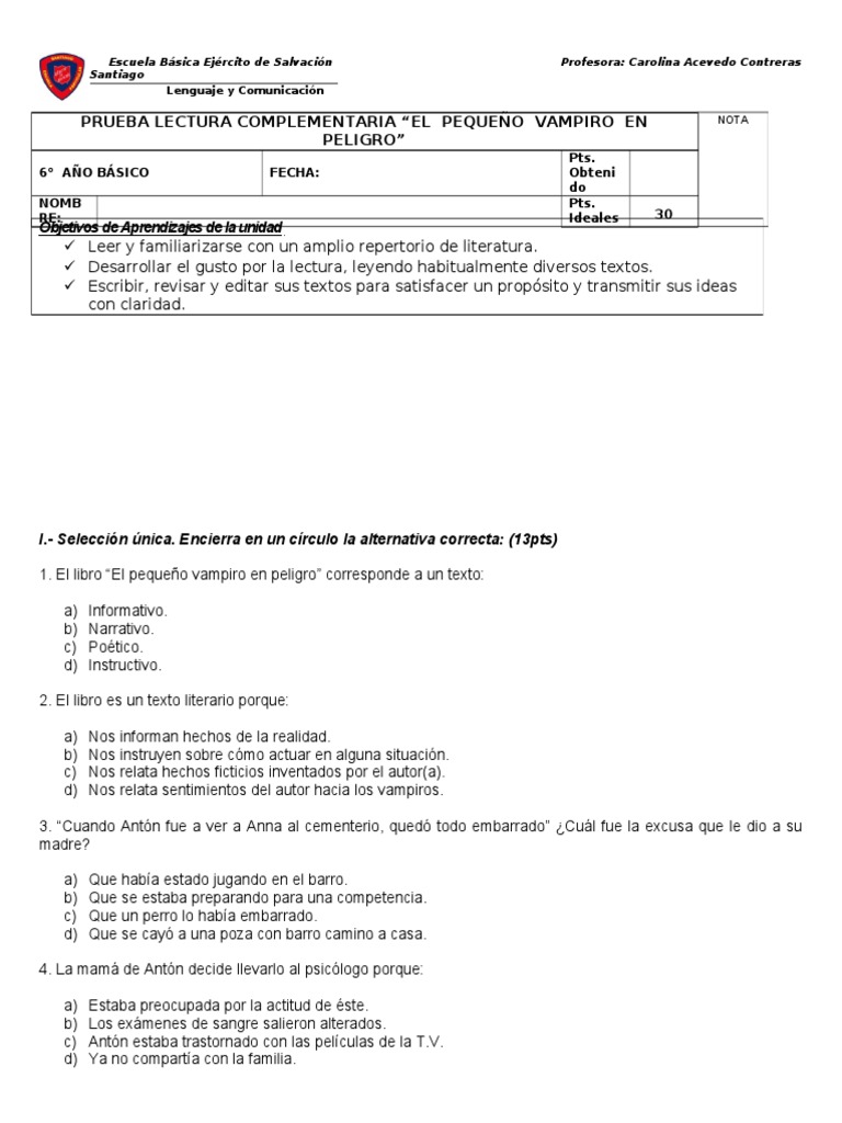 Análisis de comprensión lectora del cuento 'El pequeño vampiro en ...