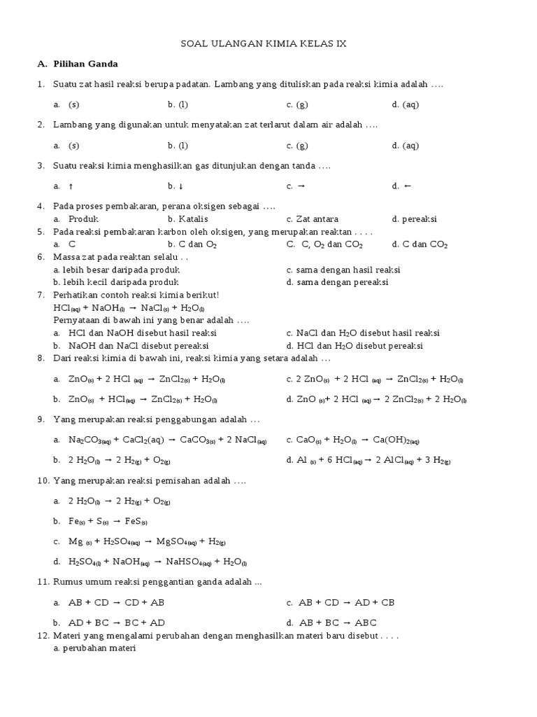 Soal Reaksi Kimia Kelas 9 | PDF