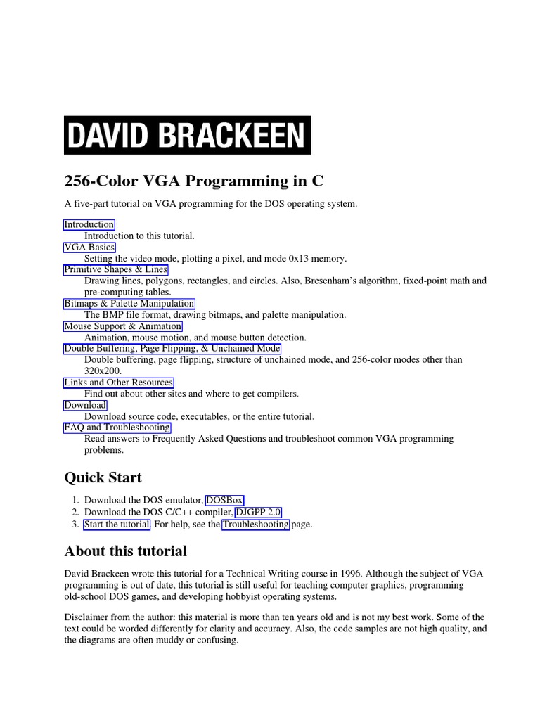 256 Color Vga Programming In C 1996 David Brackeen Pdf Pointer Computer Programming Sine 