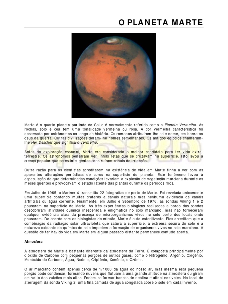 O PLANETA MARTE.pdf | Vida em Marte | Marte