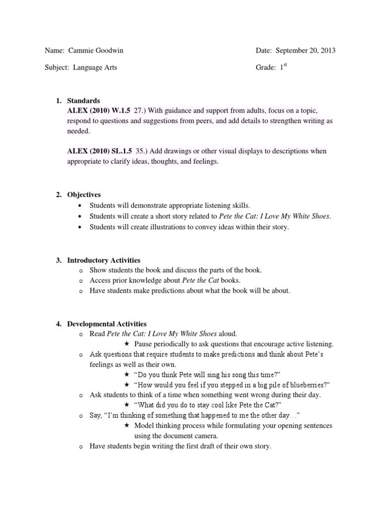 Pete The Cat Lesson Plan | PDF | Rubric (Academic) | Lesson Plan