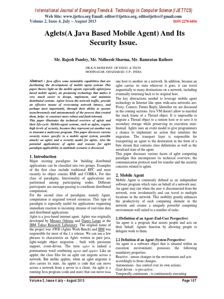 Aglets (A Java Based Mobile Agent) and Its Security Issue | Download Free PDF | Computer ...
