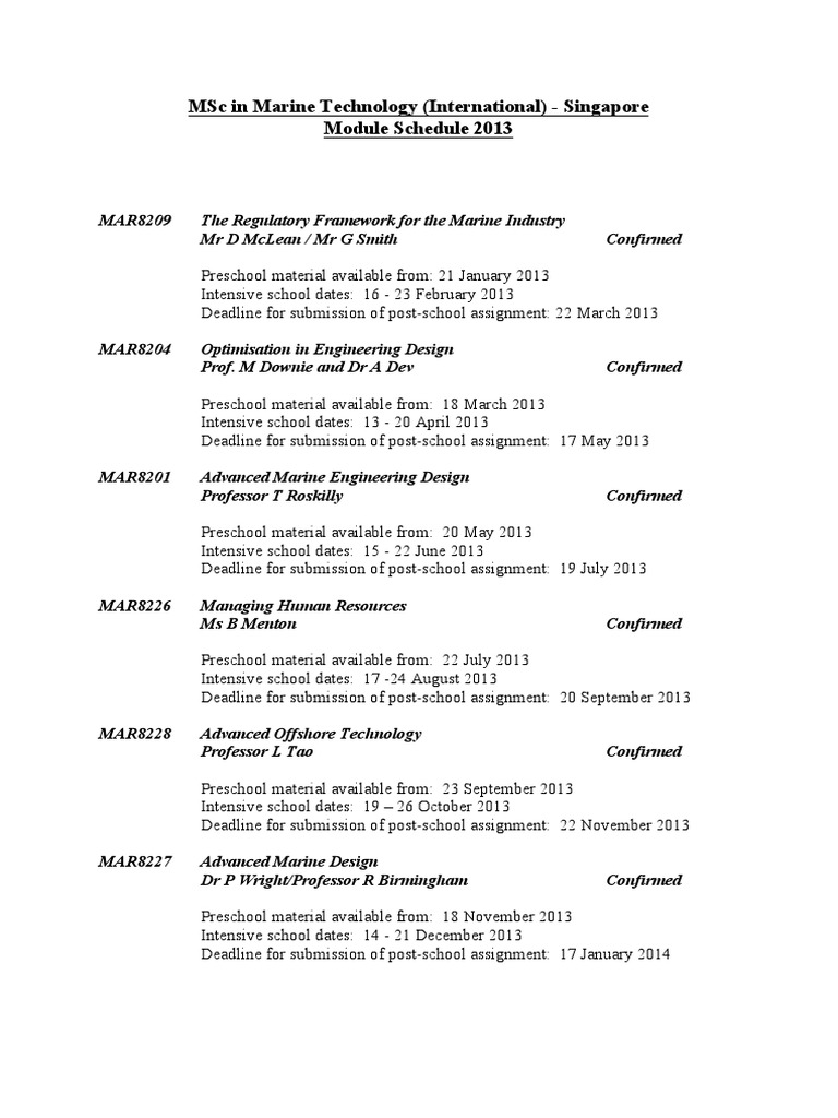 MSc Marine Tech Timetable 2013 | PDF
