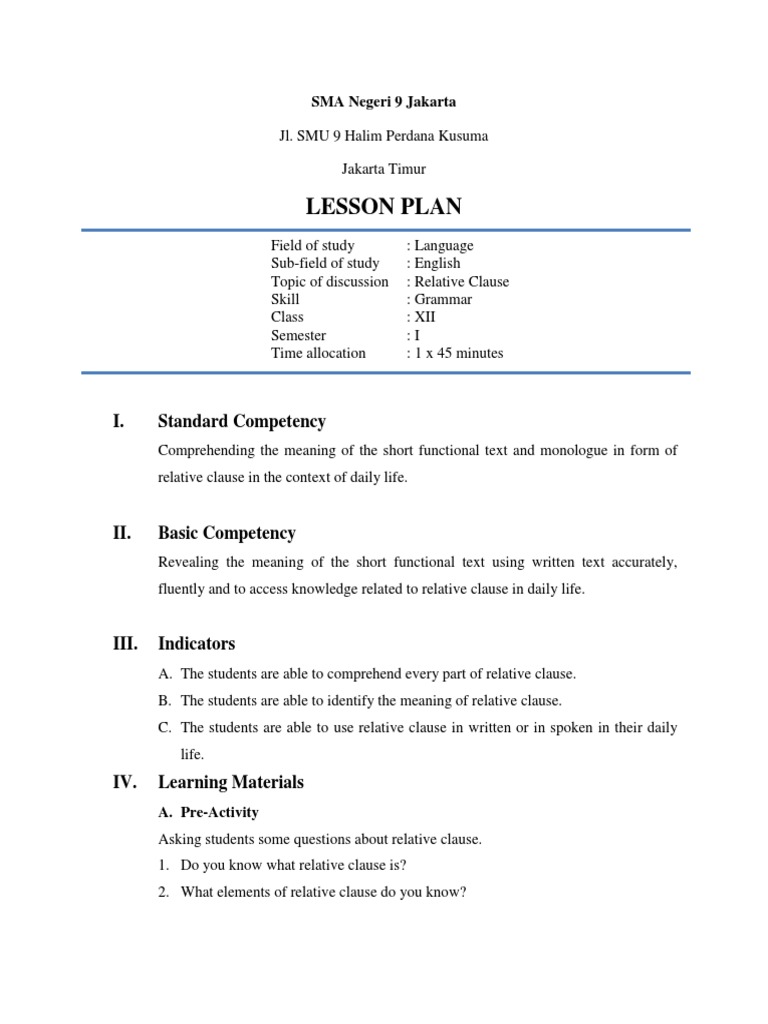 SMA Negeri 9 Jakarta Lesson Plan | PDF | Clause | Subject (Grammar)