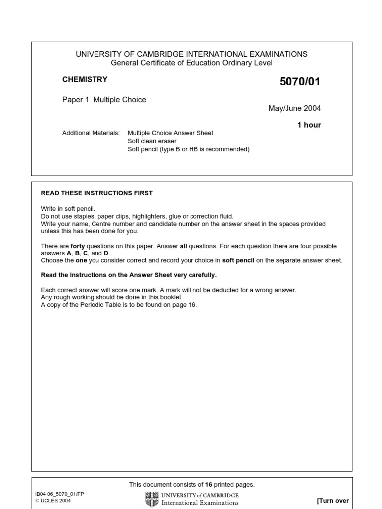 Chemistry June 2004 - Paper 1 | PDF | Oxide | Chloride