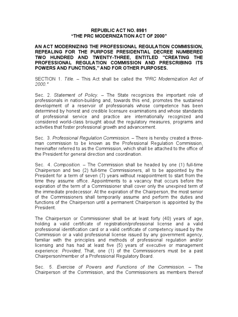 Republic Act No. 8981 PRC Modernization Act of 2000 | PDF | Licensure | Profession