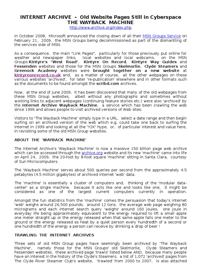 INTERNET ARCHIVE - Old Website Pages Still in Cyberspace | PDF ...