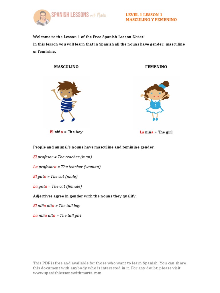 Level 1 Lesson 1. Masculino o Femenino | PDF | Grammatical Gender ...