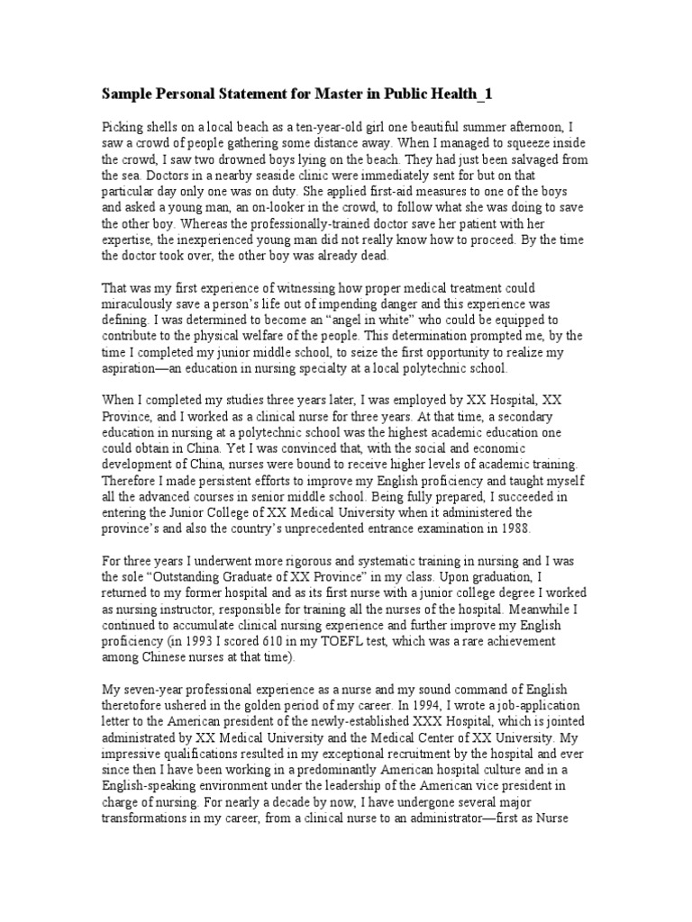 MPH Personal Statement Example | PDF | Nursing | Hospital