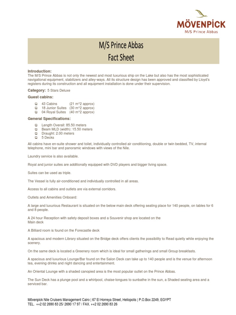 Fact Sheet MS Prince Abbas | PDF | Shipping | Watercraft