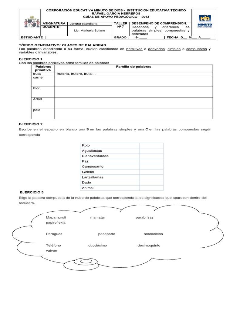 TALLER 7 de 9° CLASES DE PALABRAS | PDF