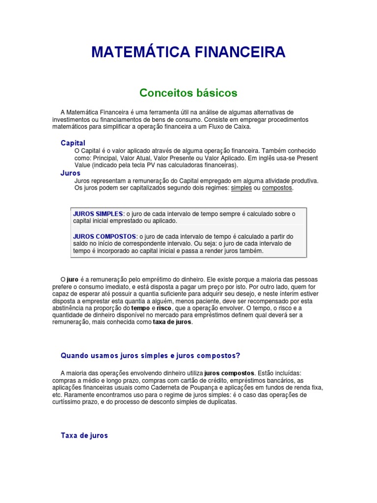Matemática Financeira (Conceitos Básicos) | PDF | Finanças e ...