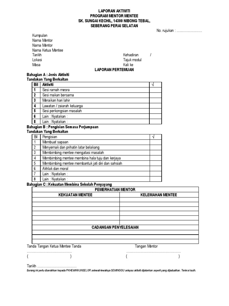 Borang Laporan Aktiviti Mentor Mentee | PDF