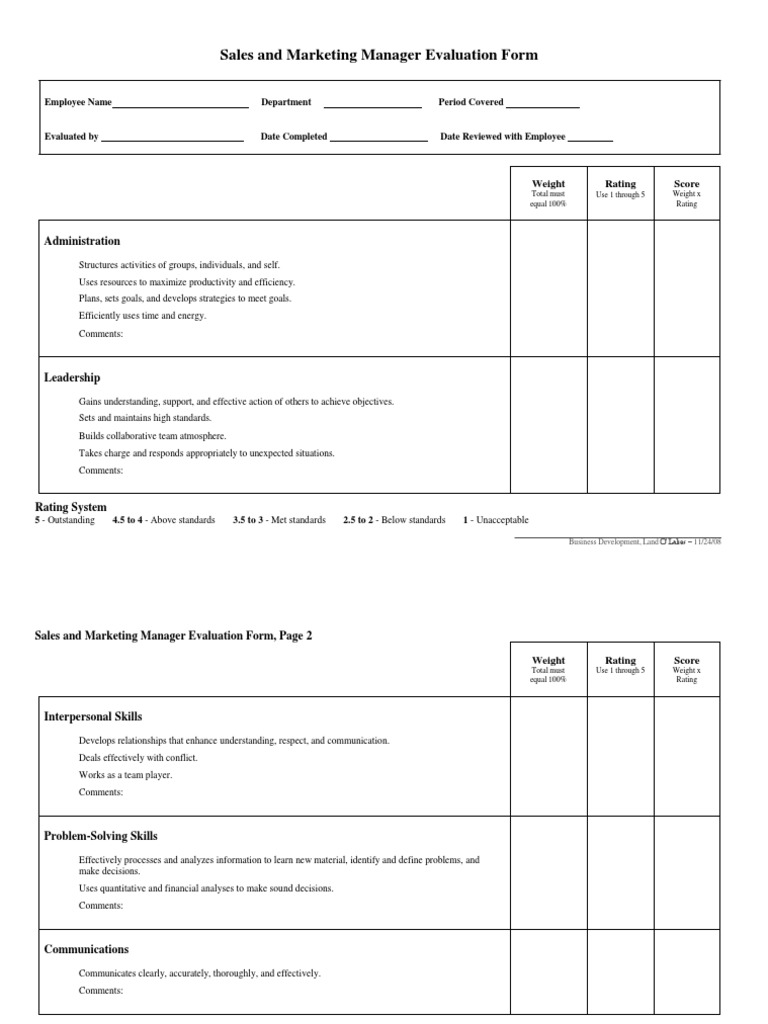 Sale Manager Evaluation DRAFT | PDF | Performance Appraisal | Sales