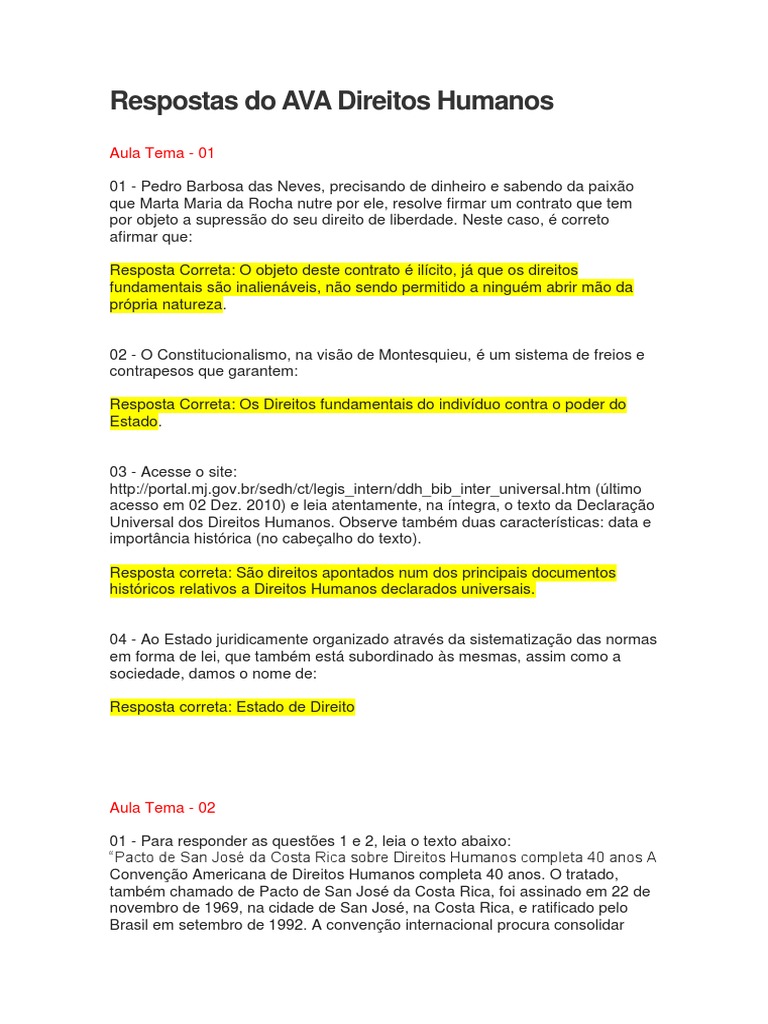 Respostas Do AVA Direitos Humanos Aulas Tema 1 Ate 4 | PDF | Direitos Humanos | Tratado