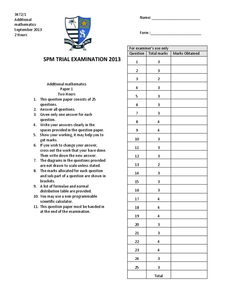 Trial SPM p1 SMK ST Anthony 2013 | PDF | Angle | Quadratic Equation