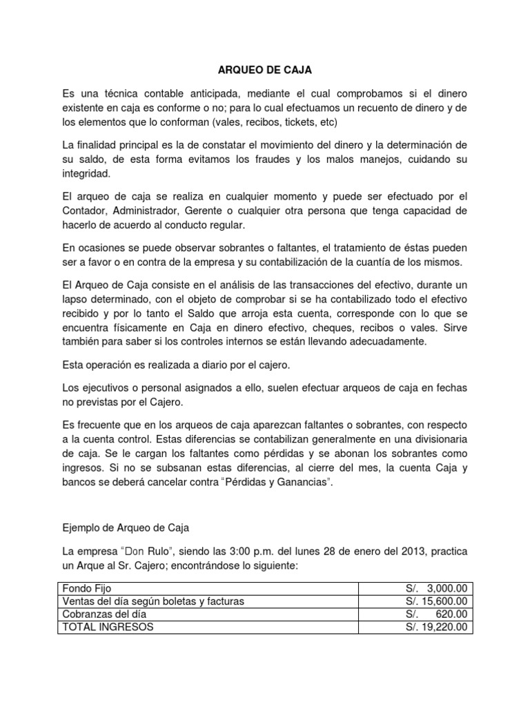 Arqueo de Caja: Definición y Ejemplo | PDF | Contabilidad | Bancario