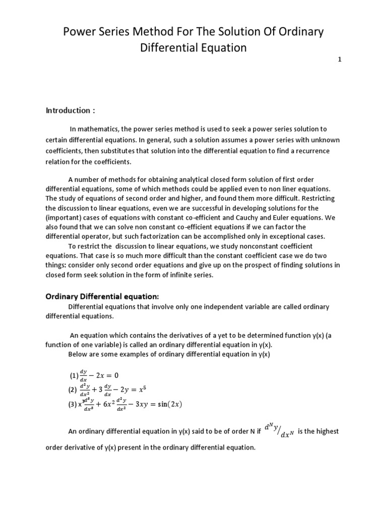 Power Series Method For The Solution of Ordinary Differential Equation ...