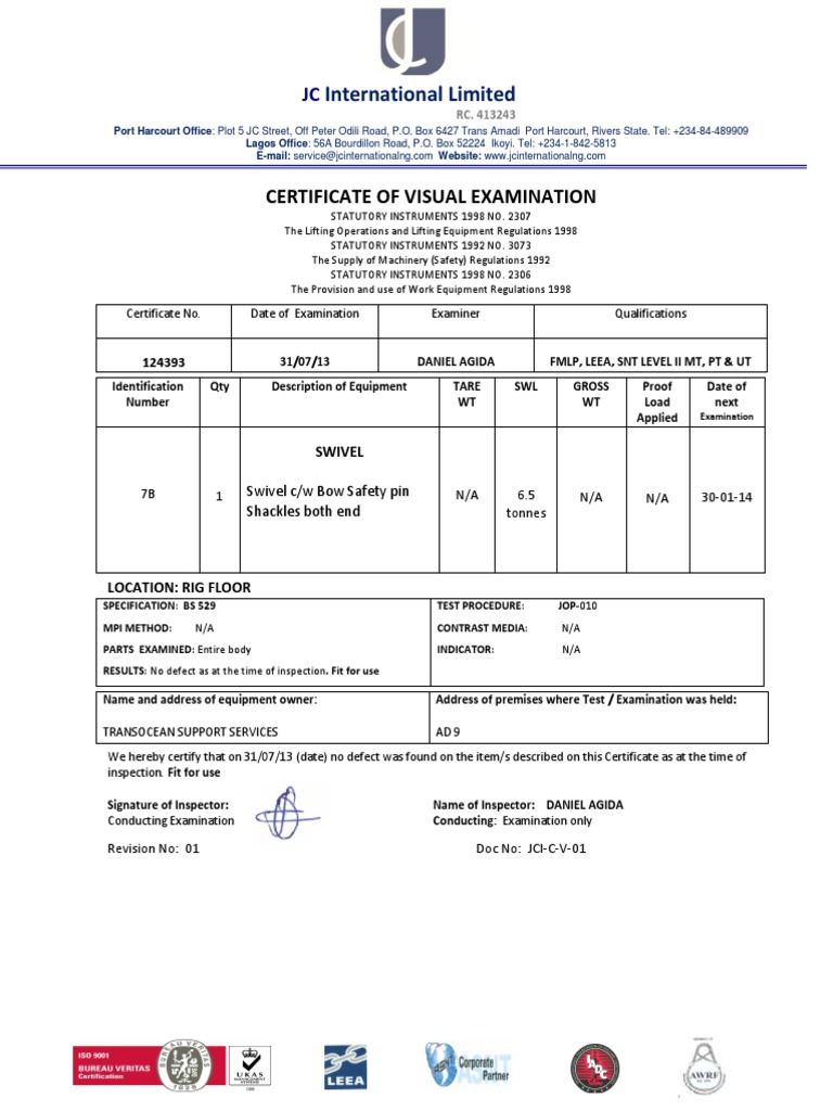 International Limited: Certificate of Visual Examination | PDF | Test ...