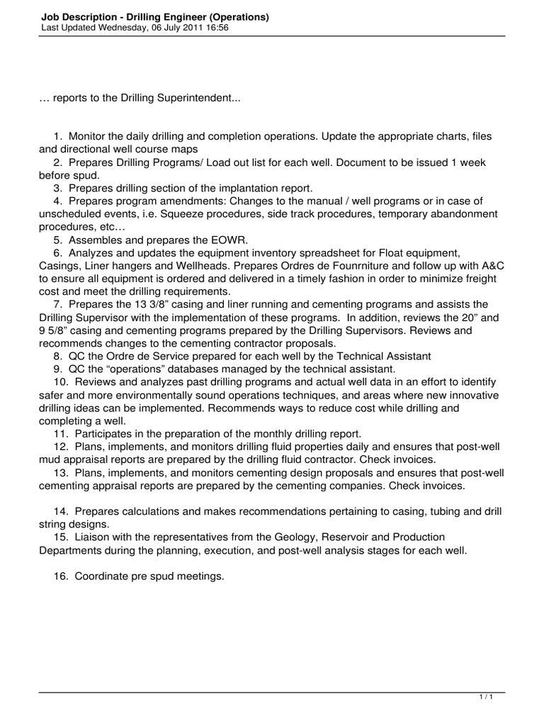 Drilling Engineer Job Description | PDF