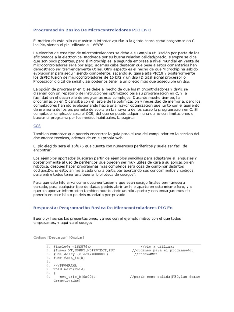 Programación Basica de Microcontroladores PIC en C | PDF ...