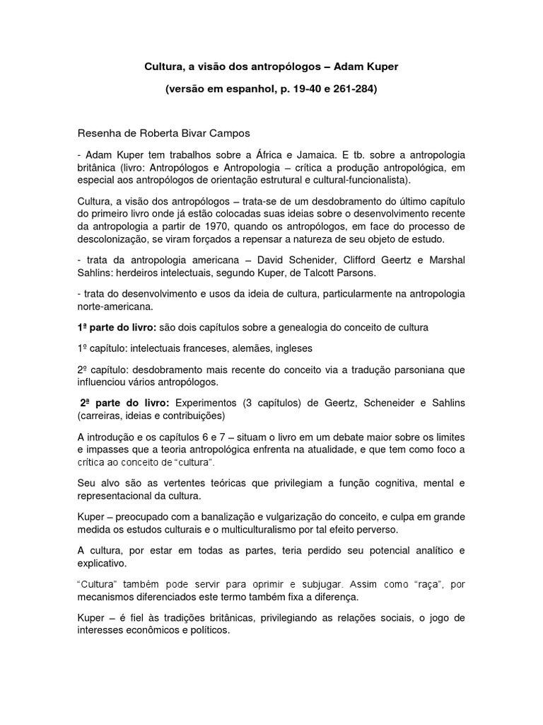 ADAM KUPER - Cultura - A Visão Dos Antropologos | PDF | Antropologia ...