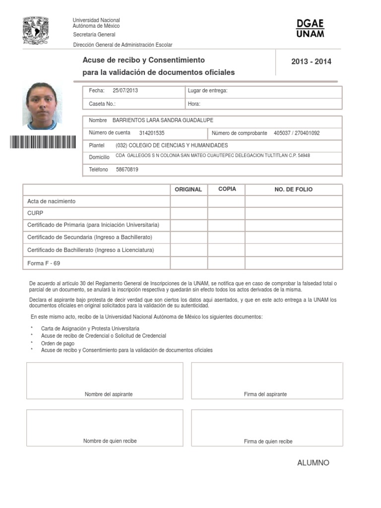 2013 - 2014 Acuse de Recibo y Consentimiento para La Validación de ...