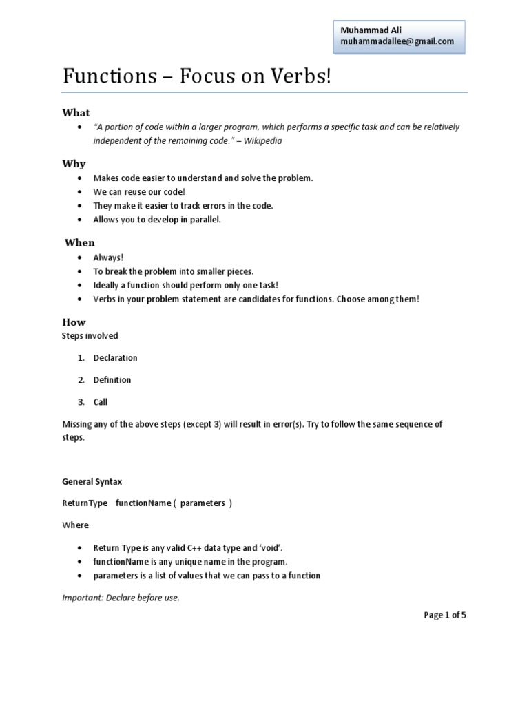 Functions Handout | PDF | Subroutine | Parameter (Computer Programming) Functions Handout | PDF | Subroutine | Parameter (Computer Programming)