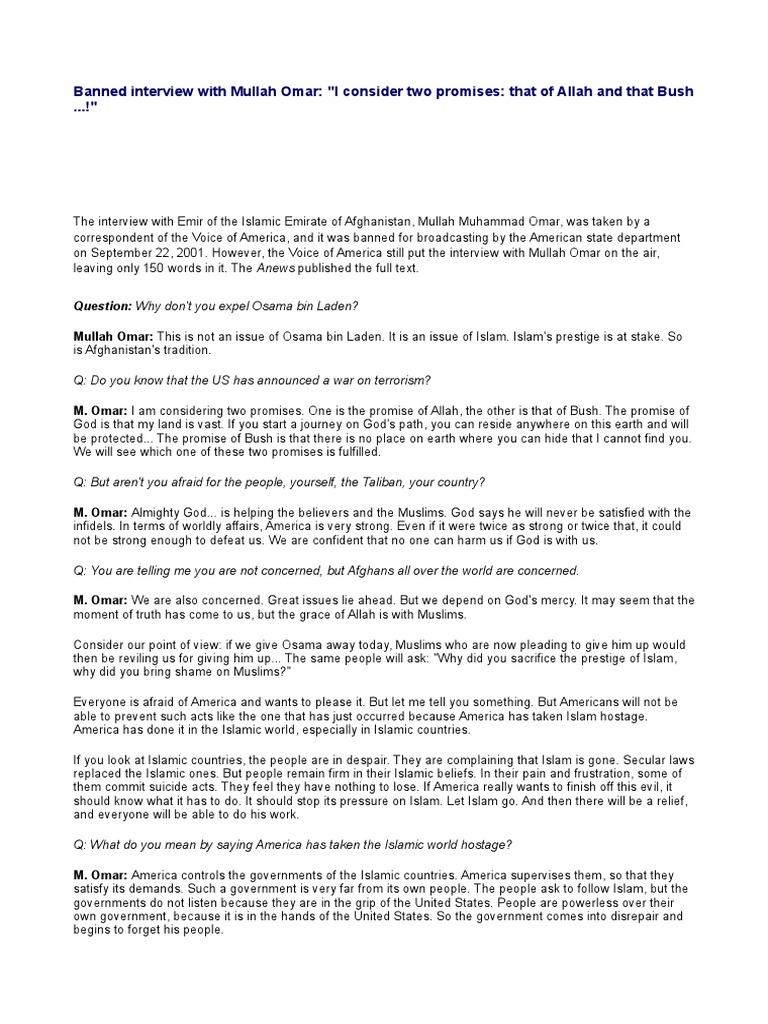 Mullah Omar's Defiance Against America | PDF | Mohammed Omar ...