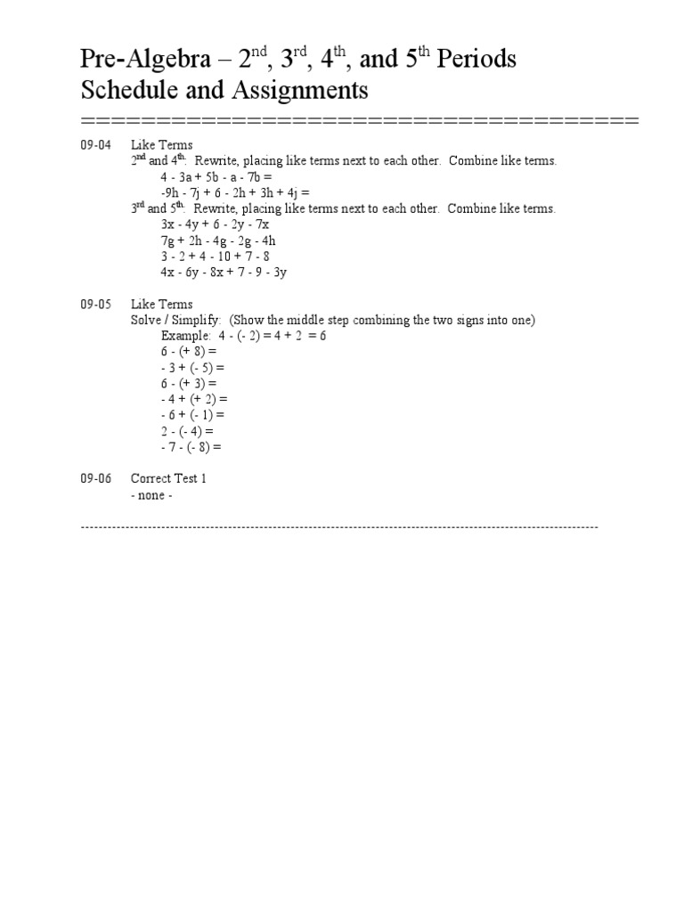 Pre-Algebra - 2, 3, 4, and 5 Periods Schedule and Assignments | PDF ...