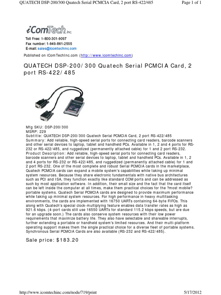 QUATECH DSP-200/300 Quatech Serial PCMCIA Card, 2 Port RS-422/485 | PDF