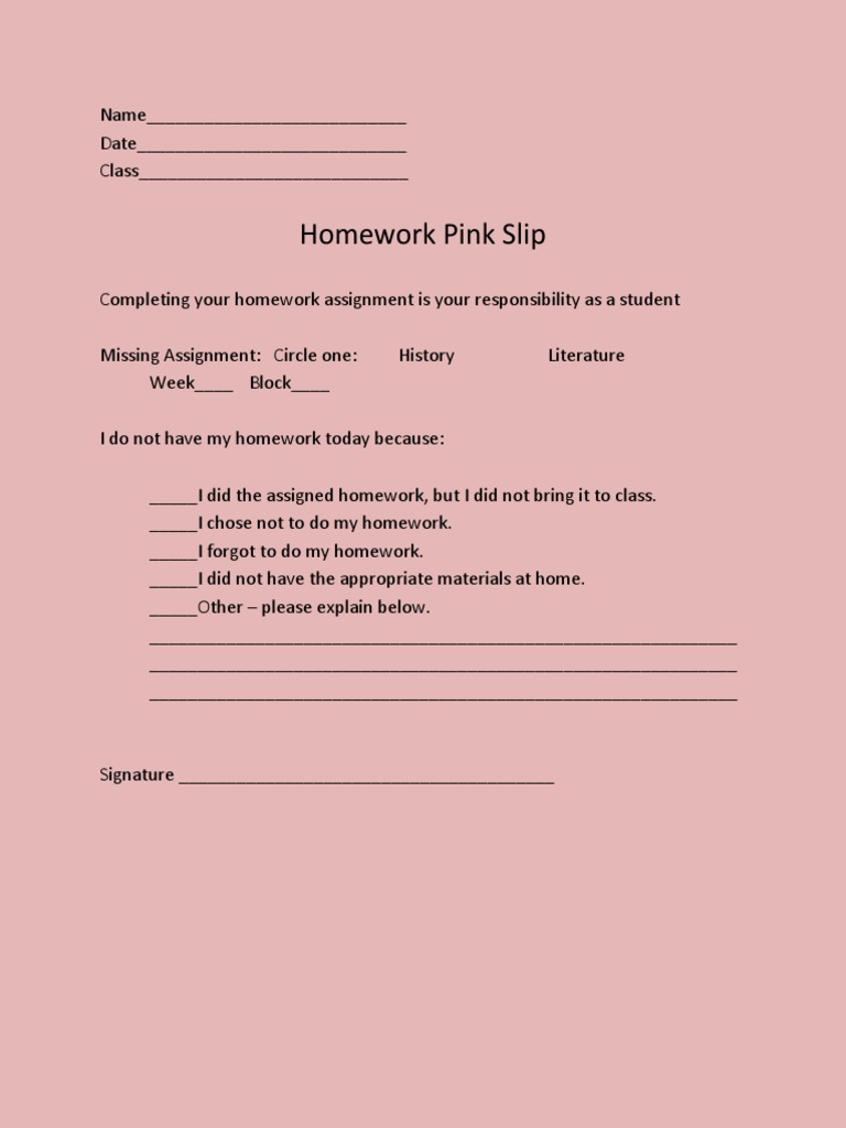 Homework Pink Slip Form | PDF